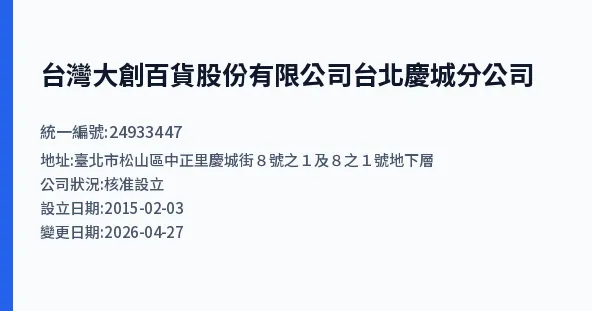 台灣大創百貨股份有限公司台北慶城分公司的照片-統編 24933447(臺北市) 公司登記資料與營業項目詳細圖表