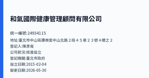 和氣國際健康管理顧問有限公司的照片-統編 24934115(臺北市) 公司登記資料與營業項目詳細圖表