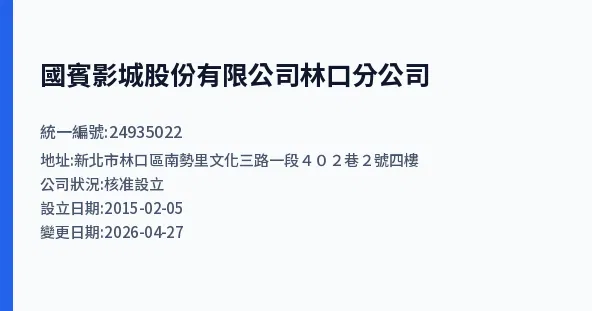 國賓影城股份有限公司林口分公司的照片-統編 24935022(新北市) 公司登記資料與營業項目詳細圖表