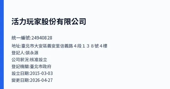 活力玩家股份有限公司的照片-統編 24940828(臺北市) 公司登記資料與營業項目詳細圖表