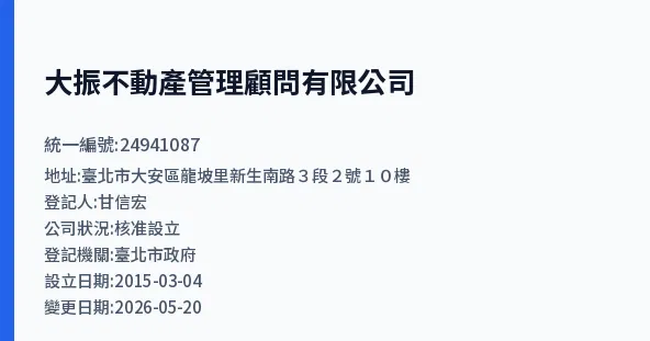 大振不動產管理顧問有限公司的照片-統編 24941087(臺北市) 公司登記資料與營業項目詳細圖表