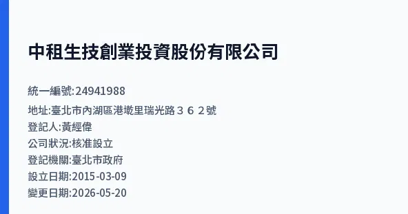中租生技創業投資股份有限公司的照片-統編 24941988(臺北市) 公司登記資料與營業項目詳細圖表