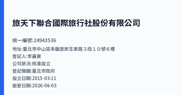 旅天下聯合國際旅行社股份有限公司的照片-統編 24943536(臺北市) 公司登記資料與營業項目詳細圖表
