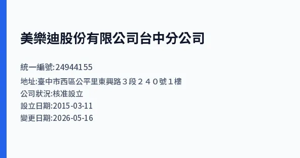美樂迪股份有限公司台中分公司的照片-統編 24944155(臺中市) 公司登記資料與營業項目詳細圖表