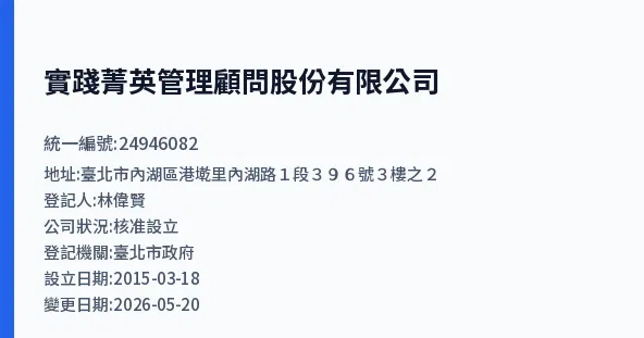 實踐菁英管理顧問股份有限公司的照片-統編 24946082(臺北市) 公司登記資料與營業項目詳細圖表