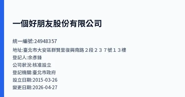 一個好朋友股份有限公司的照片-統編 24948357(臺北市) 公司登記資料與營業項目詳細圖表