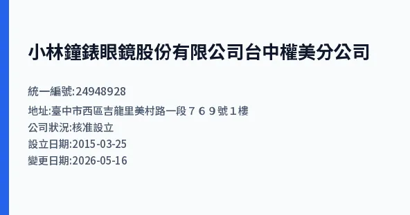 小林鐘錶眼鏡股份有限公司台中權美分公司的照片-統編 24948928(臺中市) 公司登記資料與營業項目詳細圖表