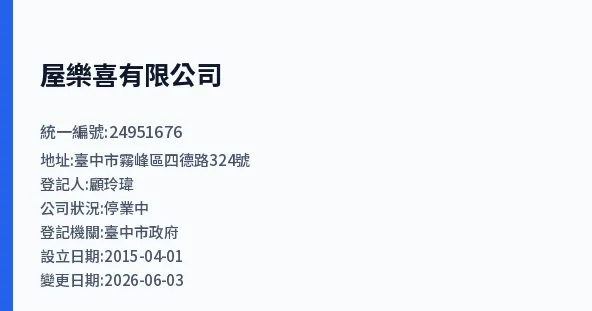 屋樂喜有限公司的照片-統編 24951676(臺中市) 公司登記資料與營業項目詳細圖表