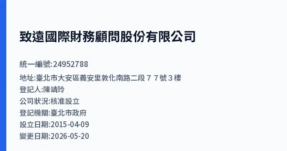 致遠國際財務顧問股份有限公司的照片-統編 24952788(臺北市) 公司登記資料與營業項目詳細圖表