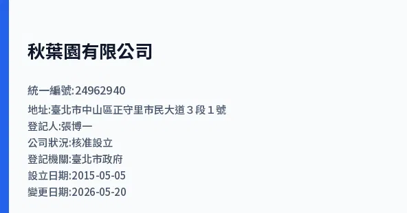 秋葉園有限公司的照片-統編 24962940(臺北市) 公司登記資料與營業項目詳細圖表