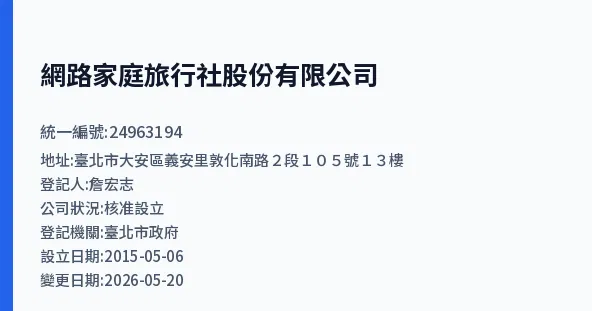 網路家庭旅行社股份有限公司的照片-統編 24963194(臺北市) 公司登記資料與營業項目詳細圖表