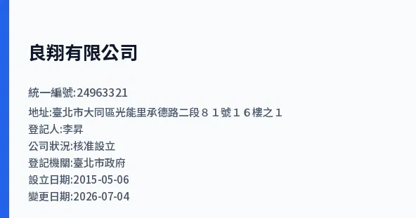 良翔有限公司的照片-統編 24963321(臺北市) 公司登記資料與營業項目詳細圖表