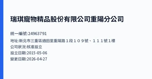 瑞琪寵物精品股份有限公司重陽分公司的照片-統編 24963791(新北市) 公司登記資料與營業項目詳細圖表