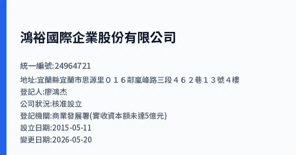 鴻裕國際企業股份有限公司的照片-統編 24964721(宜蘭縣) 公司登記資料與營業項目詳細圖表
