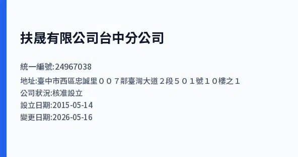 扶晟有限公司台中分公司的照片-統編 24967038(臺中市) 公司登記資料與營業項目詳細圖表