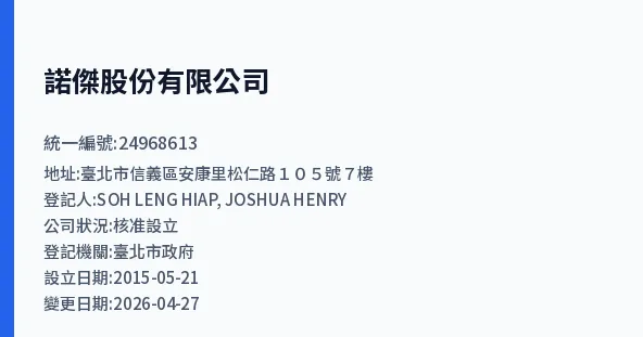 諾傑股份有限公司的照片-統編 24968613(臺北市) 公司登記資料與營業項目詳細圖表
