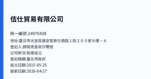 佶仕貿易有限公司的照片-統編 24970408(臺北市) 公司登記資料與營業項目詳細圖表