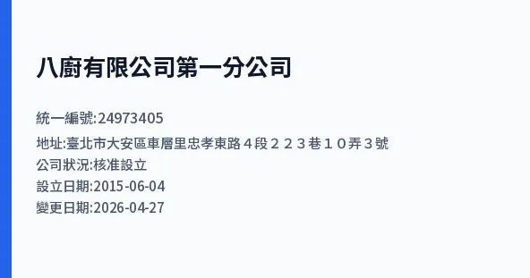 八廚有限公司第一分公司的照片-統編 24973405(臺北市) 公司登記資料與營業項目詳細圖表