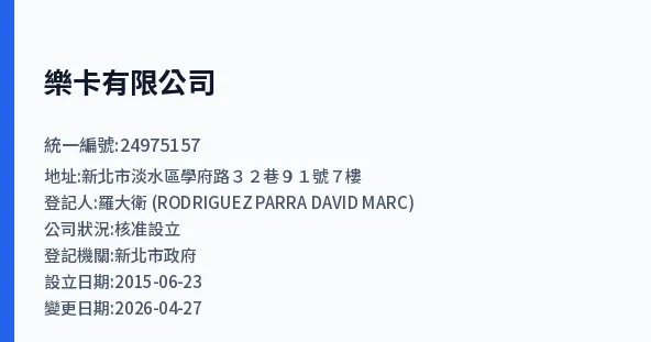 樂卡有限公司的照片-統編 24975157(新北市) 公司登記資料與營業項目詳細圖表