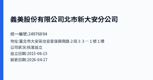 義美股份有限公司北市新大安分公司的照片-統編 24976894(臺北市) 公司登記資料與營業項目詳細圖表
