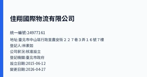 佳翔國際物流有限公司的照片-統編 24977161(臺北市) 公司登記資料與營業項目詳細圖表