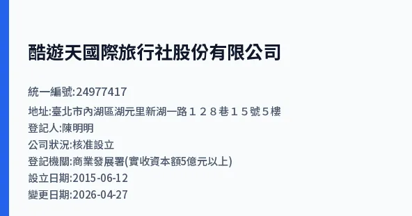 酷遊天國際旅行社股份有限公司的照片-統編 24977417(臺北市) 公司登記資料與營業項目詳細圖表