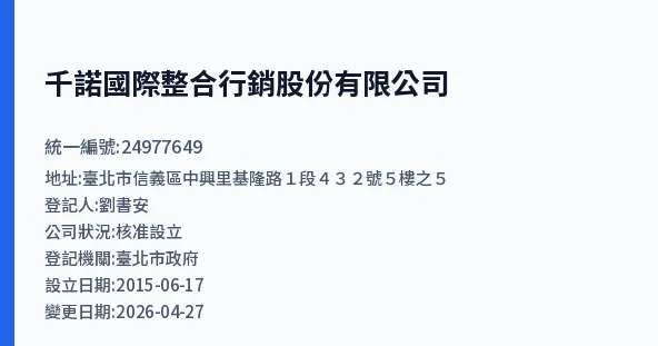 千諾國際整合行銷股份有限公司的照片-統編 24977649(臺北市) 公司登記資料與營業項目詳細圖表