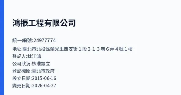鴻振工程有限公司的照片-統編 24977774(臺北市) 公司登記資料與營業項目詳細圖表