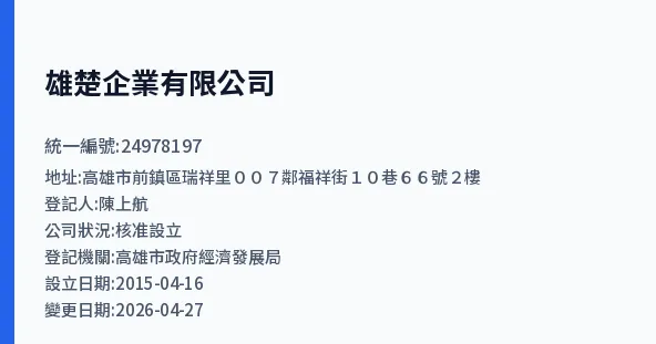 雄楚企業有限公司的照片-統編 24978197(高雄市) 公司登記資料與營業項目詳細圖表