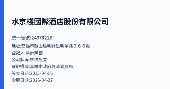 水京棧國際酒店股份有限公司的照片-統編 24978226(高雄市) 公司登記資料與營業項目詳細圖表