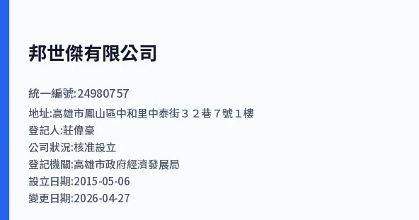 邦世傑有限公司的照片-統編 24980757(高雄市) 公司登記資料與營業項目詳細圖表