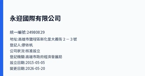 永迎國際有限公司的照片-統編 24980829(高雄市) 公司登記資料與營業項目詳細圖表