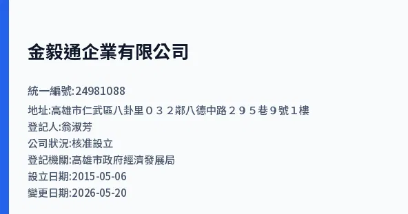 金毅通企業有限公司的照片-統編 24981088(高雄市) 公司登記資料與營業項目詳細圖表
