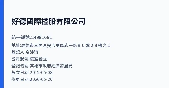 好德國際控股有限公司的照片-統編 24981691(高雄市) 公司登記資料與營業項目詳細圖表