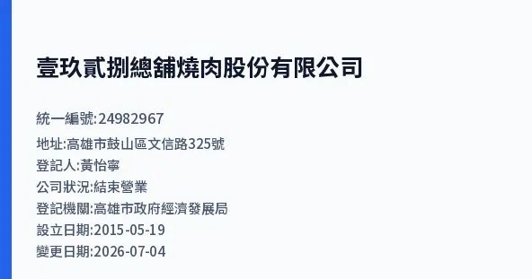 壹玖貳捌總舖燒肉股份有限公司的照片-統編 24982967(高雄市) 公司登記資料與營業項目詳細圖表
