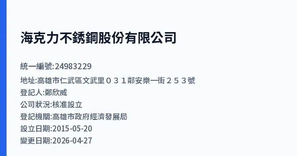 海克力不銹鋼股份有限公司的照片-統編 24983229(高雄市) 公司登記資料與營業項目詳細圖表