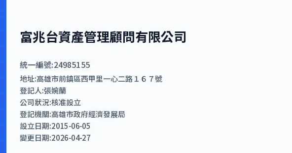 富兆台資產管理顧問有限公司的照片-統編 24985155(高雄市) 公司登記資料與營業項目詳細圖表