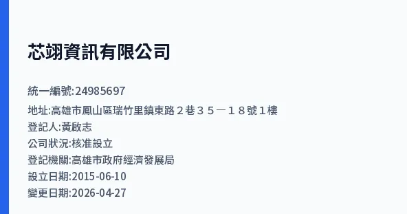 芯翊資訊有限公司的照片-統編 24985697(高雄市) 公司登記資料與營業項目詳細圖表