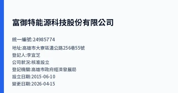 富御特能源科技股份有限公司的照片-統編 24985774(高雄市) 公司登記資料與營業項目詳細圖表