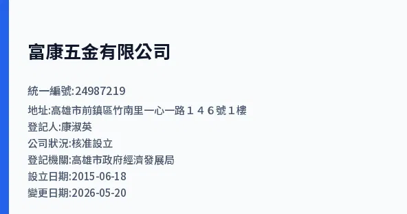 富康五金有限公司的照片-統編 24987219(高雄市) 公司登記資料與營業項目詳細圖表