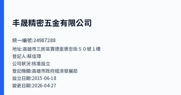 丰晟精密五金有限公司的照片-統編 24987288(高雄市) 公司登記資料與營業項目詳細圖表