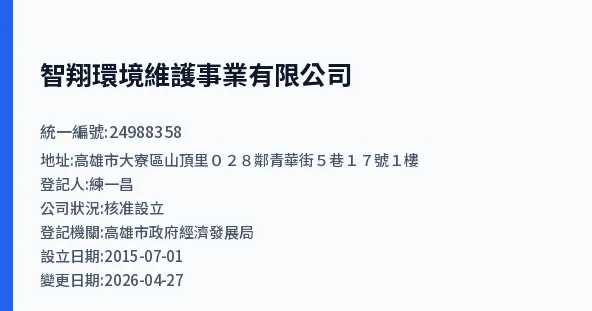 智翔環境維護事業有限公司的照片-統編 24988358(高雄市) 公司登記資料與營業項目詳細圖表