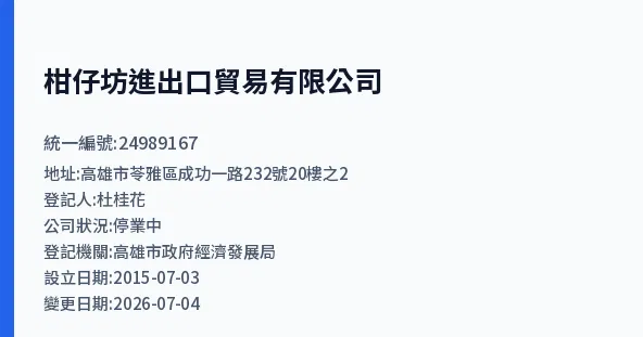柑仔坊進出口貿易有限公司的照片-統編 24989167(高雄市) 公司登記資料與營業項目詳細圖表