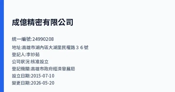 成億精密有限公司的照片-統編 24990208(高雄市) 公司登記資料與營業項目詳細圖表