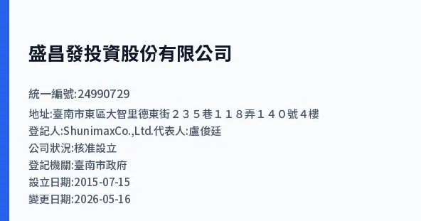 盛昌發投資股份有限公司的照片-統編 24990729(臺南市) 公司登記資料與營業項目詳細圖表