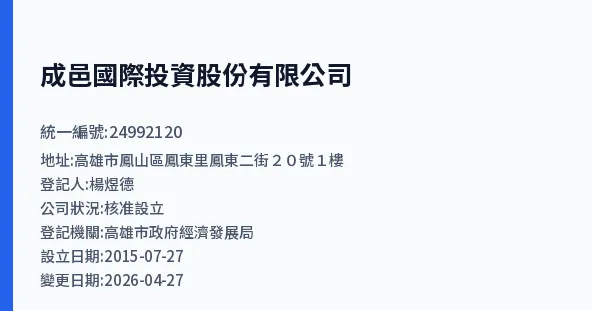 成邑國際投資股份有限公司的照片-統編 24992120(高雄市) 公司登記資料與營業項目詳細圖表
