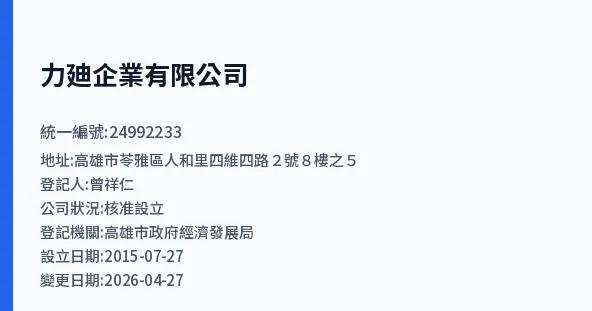 力廸企業有限公司的照片-統編 24992233(高雄市) 公司登記資料與營業項目詳細圖表