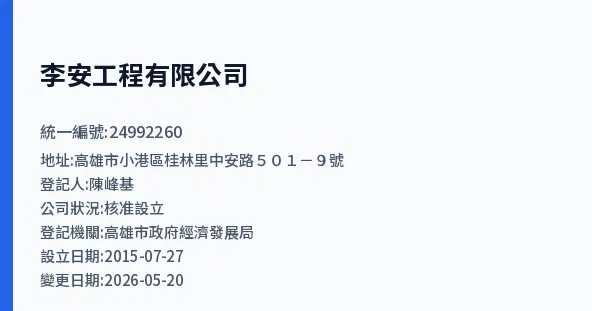 李安工程有限公司的照片-統編 24992260(高雄市) 公司登記資料與營業項目詳細圖表