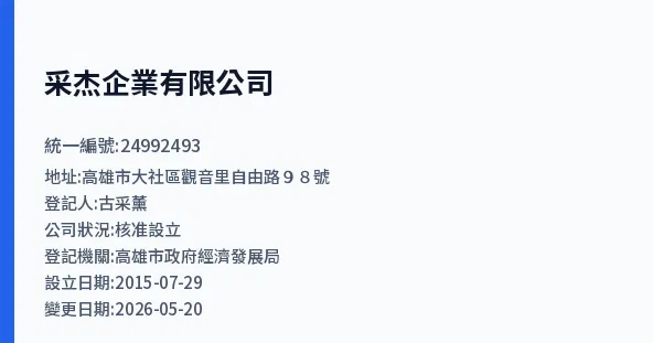 采杰企業有限公司的照片-統編 24992493(高雄市) 公司登記資料與營業項目詳細圖表