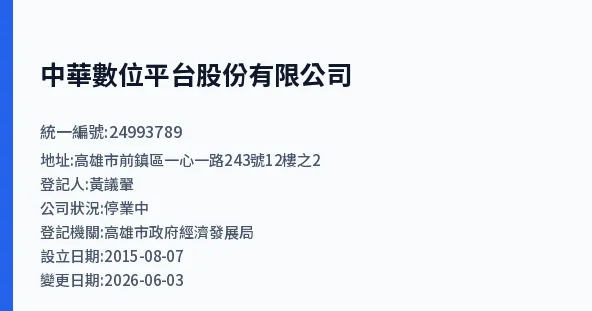 中華數位平台股份有限公司的照片-統編 24993789(高雄市) 公司登記資料與營業項目詳細圖表